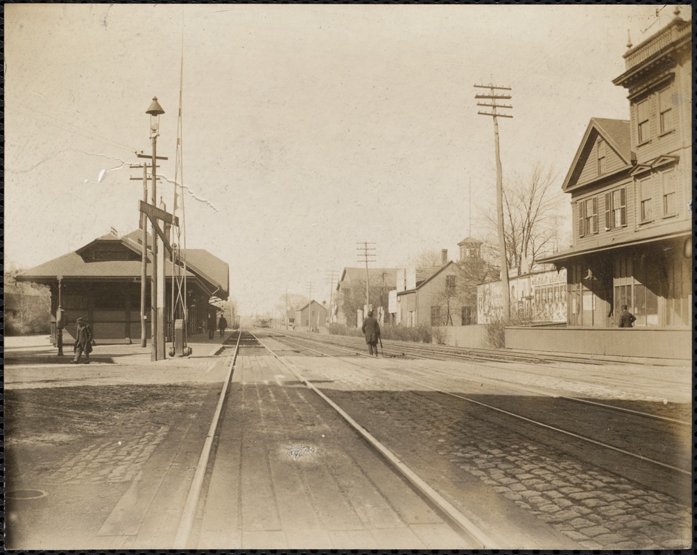 Eliot Crossing. Mrs. Russell on the right at railroad station. Newton ...