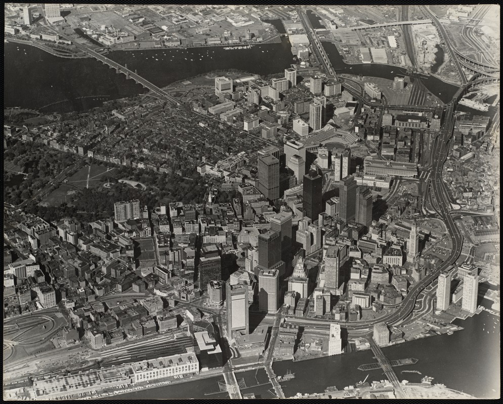 Aerial view of Boston's financial district looking toward the Charles ...