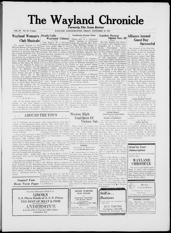 The Wayland Chronicle. November 20, 1936 - Digital Commonwealth