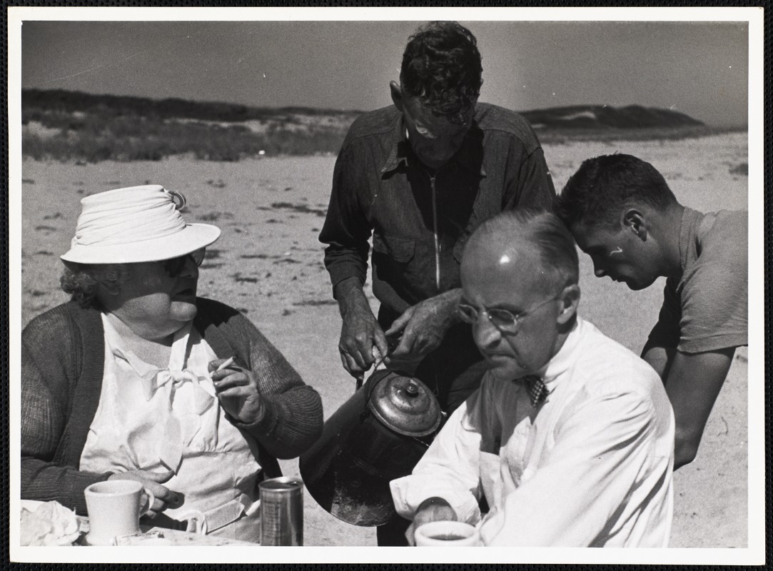 Siasconset clam bake Jim Caffin pouring coffee for Mrs Hughston + Mr Boda - Digital Commonwealth