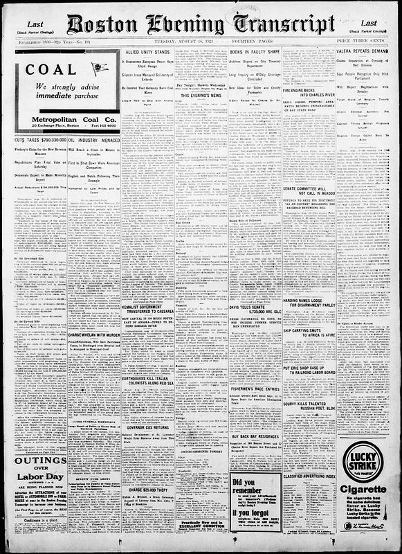 Boston Evening Transcript. August 16, 1921 - Digital Commonwealth