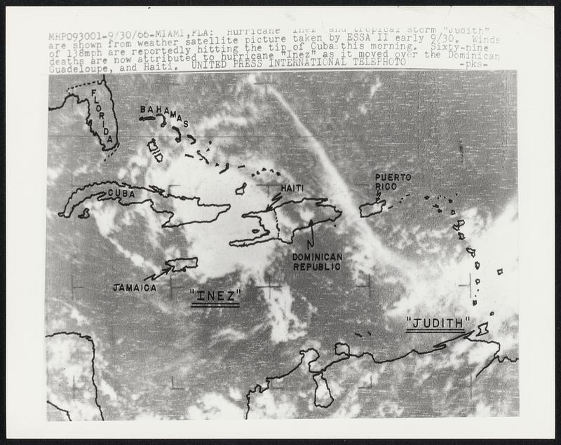 Miami, Fla: Hurricane Inez and tropical storm "Judith" are shown from ...