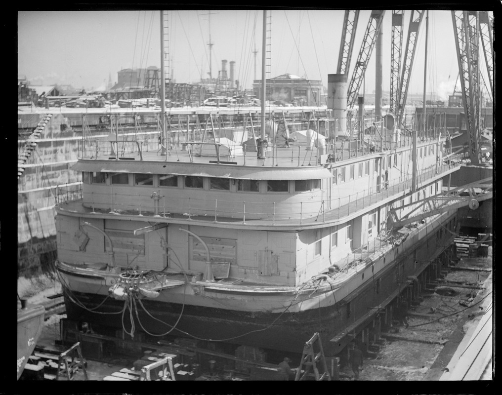Navy torpedo testing barge in dry dock at Navy Yard - Digital Commonwealth