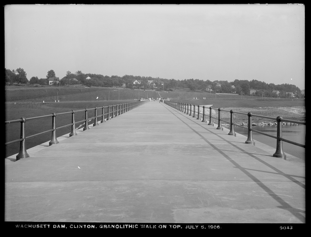 Wachusett Dam, granolithic walk on top of dam, looking towards Boylston ...