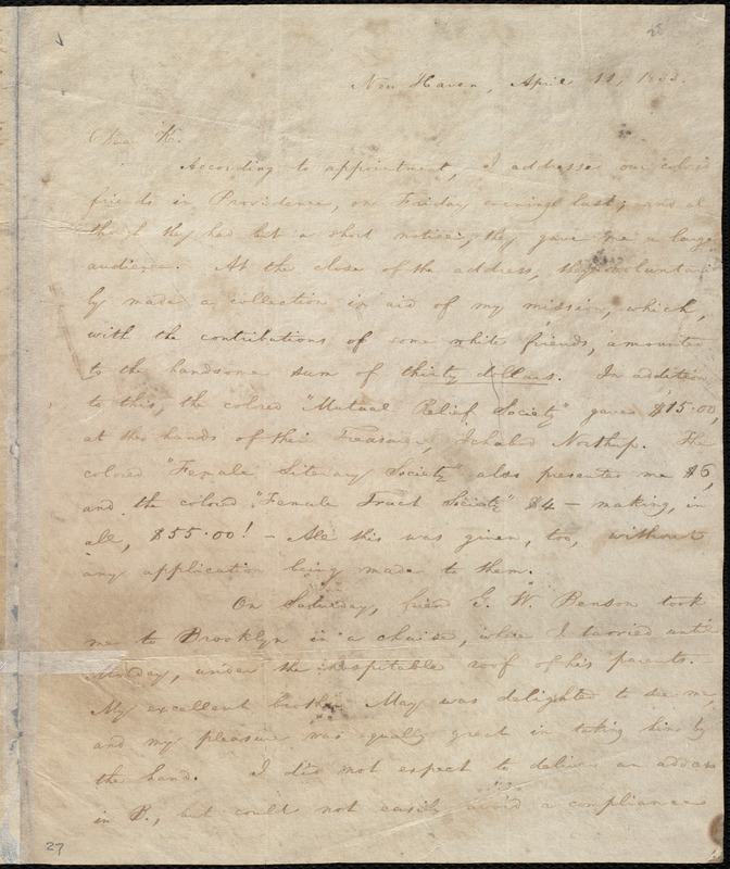 Letter from William Lloyd Garrison, New Haven, [Conn.], to Isaac Knapp ...