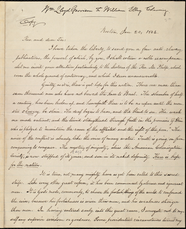 Copy of letter from William Lloyd Garrison, Boston, [Mass.], to William Ellery Channing, Jan. 20 ...