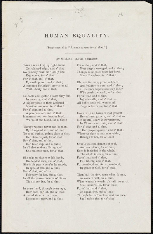 Poem titled Human Equality by William Lloyd Garrison, [1871?] - Digital ...
