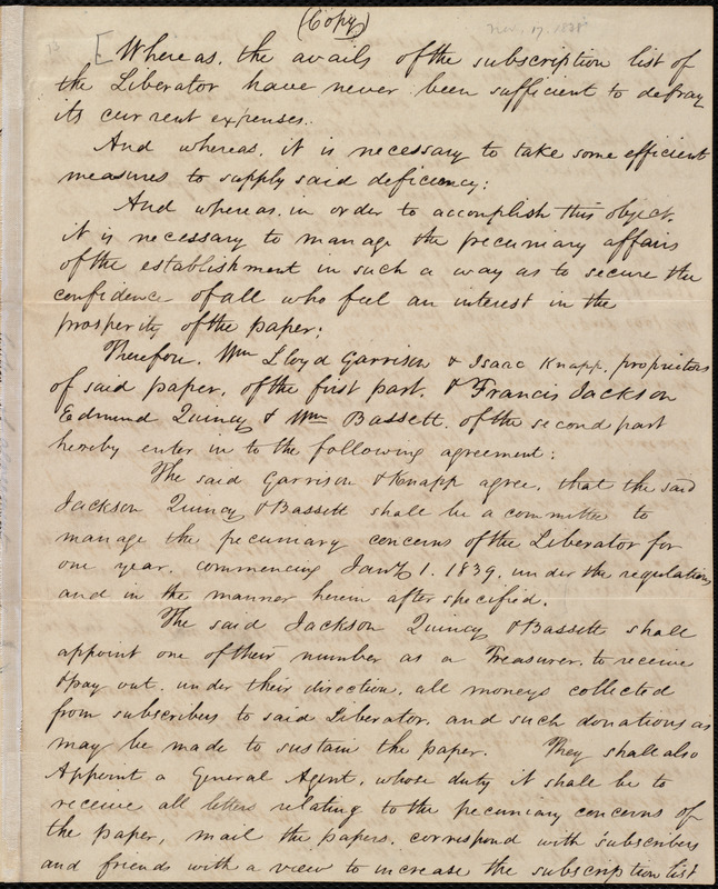 Copy of contract between William Lloyd Garrison, Isaac Knapp, Francis ...