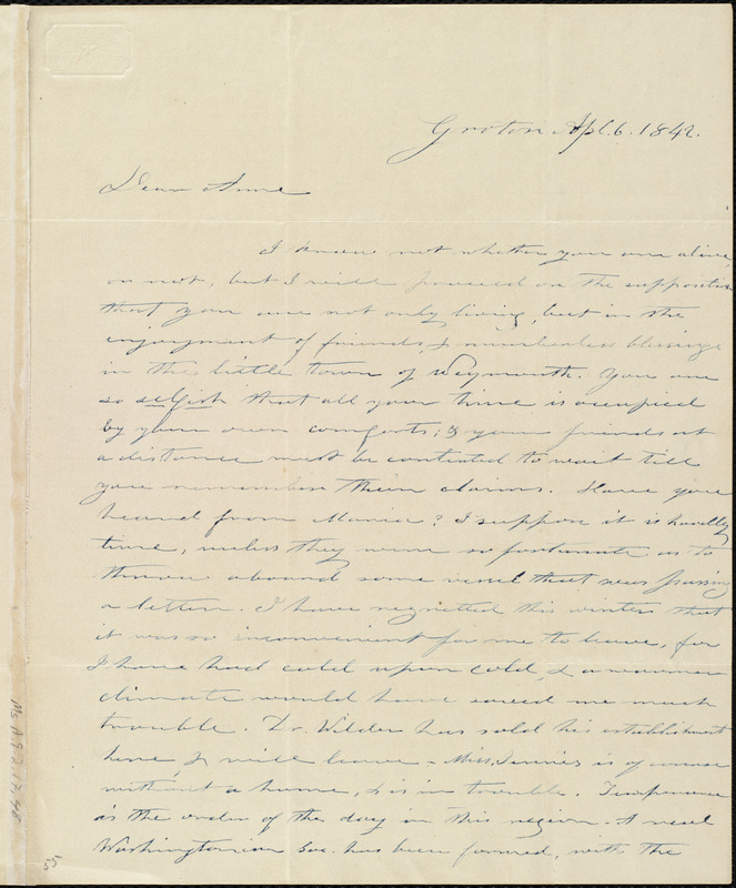 Letter from Amos Farnsworth, Groton, [Mass.], to Anne Warren Weston, Ap ...