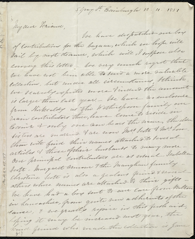 Letter from Eliza Wigham, 5 Gray St[reet], Edinburgh, [Scotland], to ...