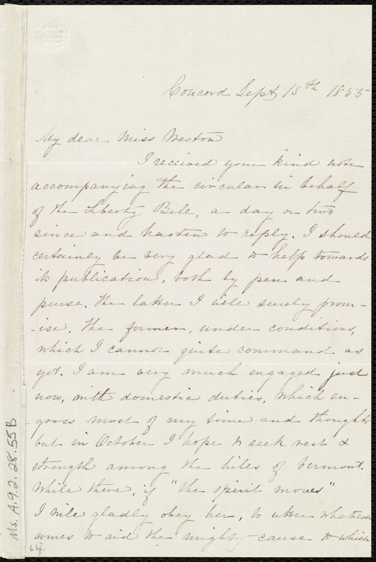Letter from Louisa Jane Whiting, Concord, to Miss Weston, Sept. 15th ...