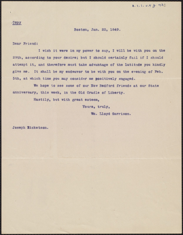 Copy of letter from William Lloyd Garrison, Boston, [Mass.], to Joseph ...