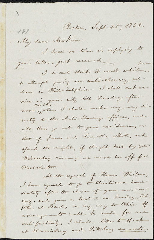 Letter from William Lloyd Garrison, Boston, [Mass.], to James Miller M ...