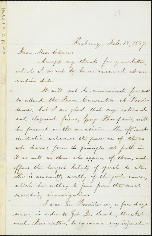 Letter from William Lloyd Garrison, Roxbury, [Mass.], to Mrs. Chace ...