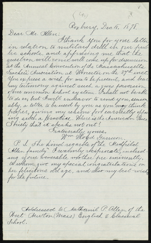 Letter from William Lloyd Garrison, Roxbury, [Mass.], to Nathaniel ...