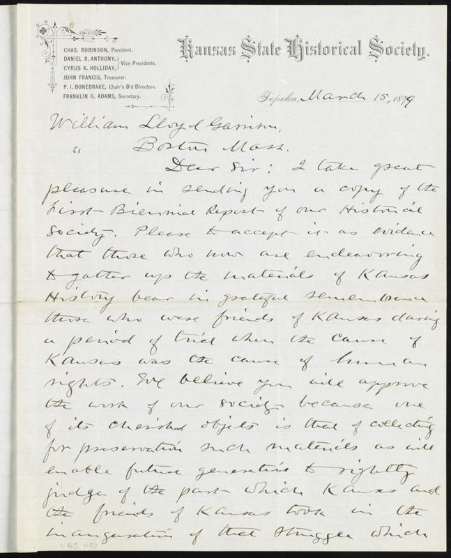 Letter from Franklin George Adams, Kansas State Historical Society ...