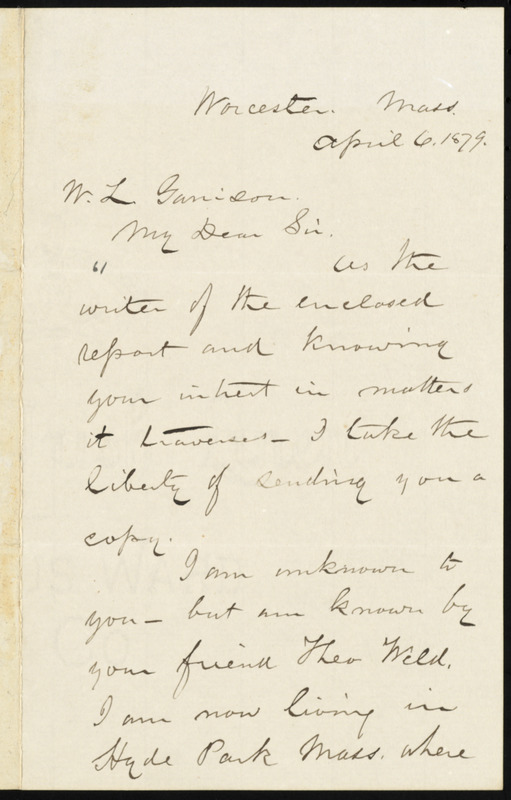 Letter from Henry J. Fox, Worcester, Mass., to William Lloyd Garrison ...