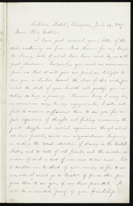 Letter from William Lloyd Garrison, Cobden Hotel, Glasgow, [Scotland ...