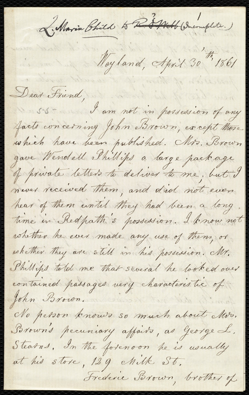 Incomplete letter from Lydia Maria Child, Wayland, April 30'th, 1861 ...