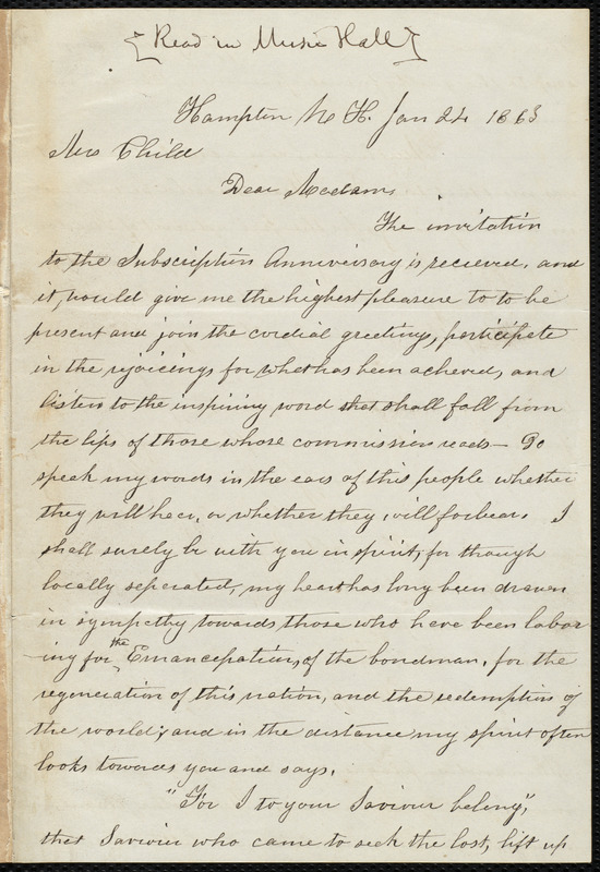 Incomplete letter from C. G. Olds, Hampton, N.H., to Lydia Maria Child ...