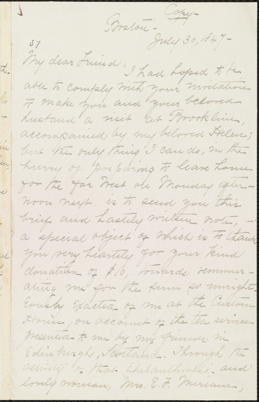 Copy of letter from William Lloyd Garrison, Boston, [Mass.], to Louisa ...