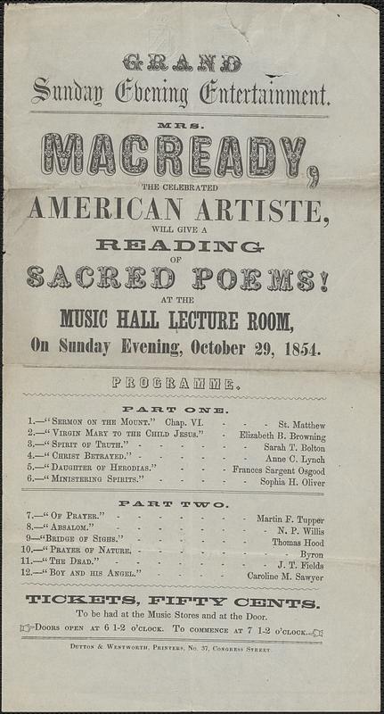 Grand Sunday evening entertainment, Mrs. Macready, the celebrated ...