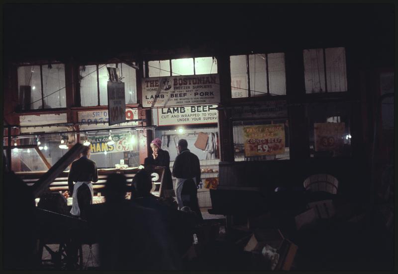 Night scene of The Bostonian butcher shop - Digital Commonwealth