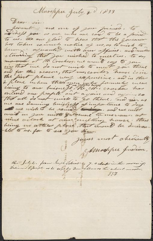 Mashpee Revolt, 1833-1834 - Letter from Joseph Tobias, July 3, 1833 ...