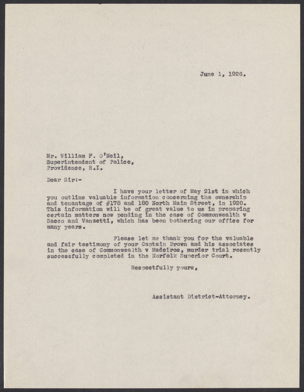 Sacco-Vanzetti Case Records, 1920-1928. Prosecution Papers. D.P. Ranney ...