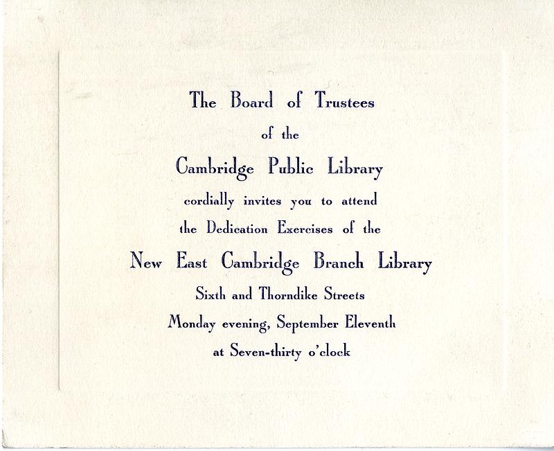 Invitation to the New East Cambridge Branch Library dedication ...
