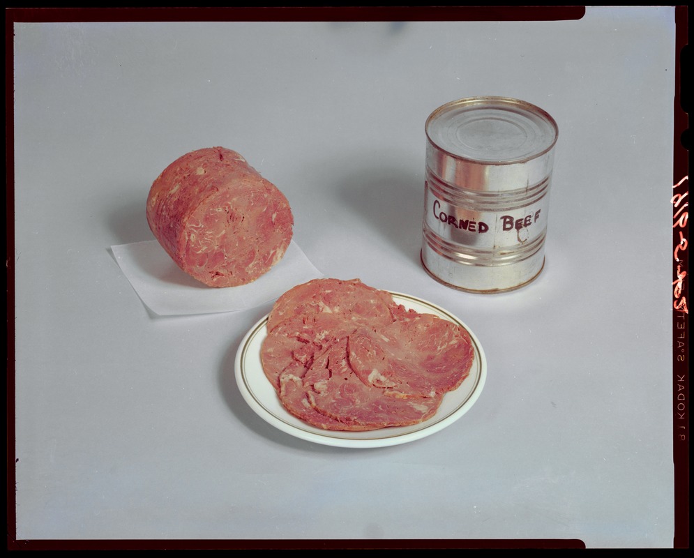 Food lab, canned corn beef log plus slices - Digital Commonwealth