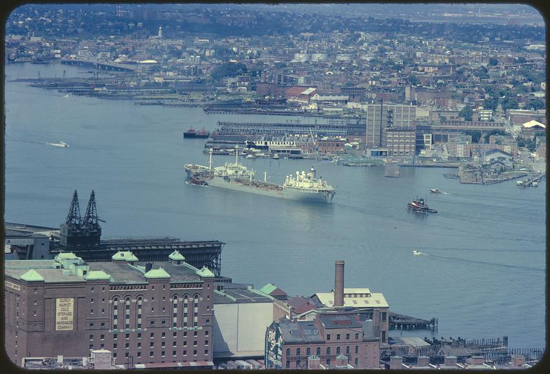 Elevated view of wharfs along Boston Harbor - Digital Commonwealth