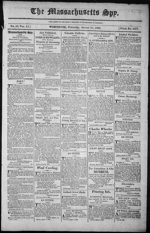 The Massachusetts Spy. August 21, 1822 - Digital Commonwealth