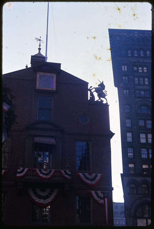 Unicorn statue on top of Old State House, Boston - Digital Commonwealth