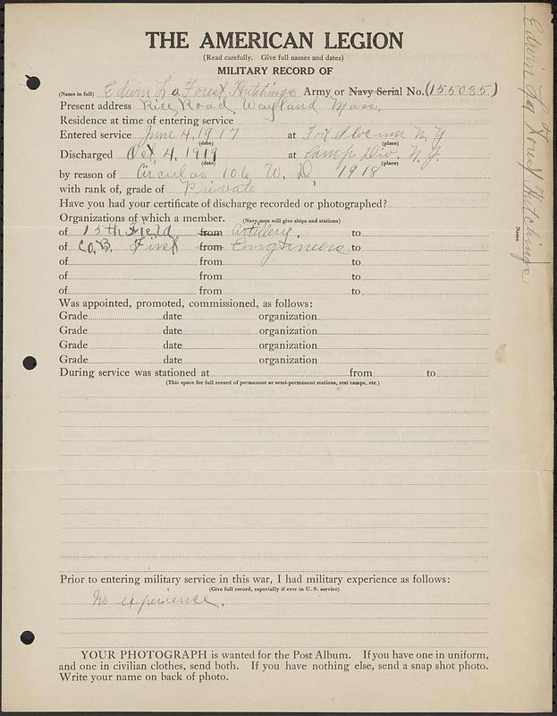 American Legion military record of Edwin LaForest Hutchings - Digital ...