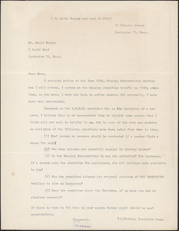 Letter from Frances Weiser to David Reiner about Housing Subcommittee ...
