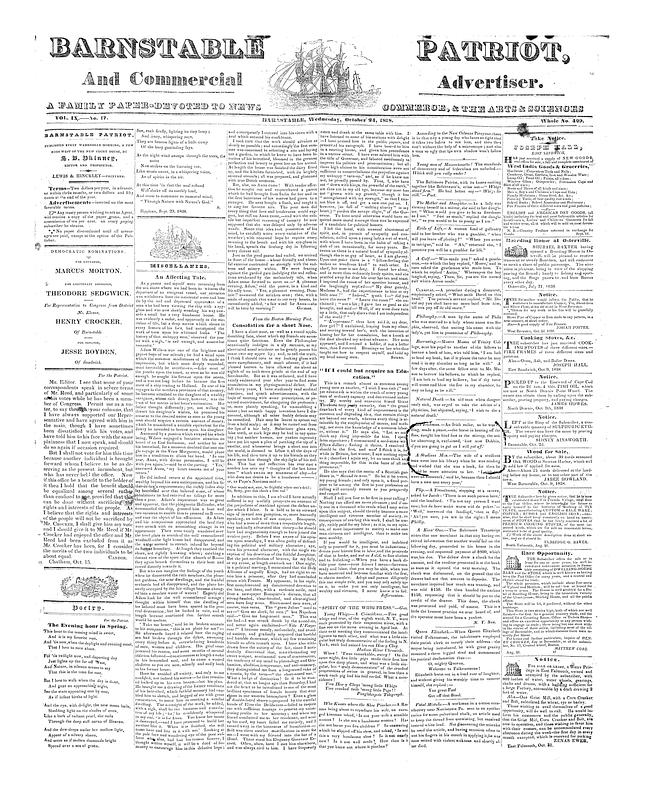 Barnstable Patriot, and Commercial Advertiser. October 24, 1838 ...