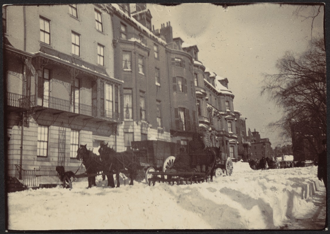 Boston — Street scene after snow storm with brownstones, horses and ...