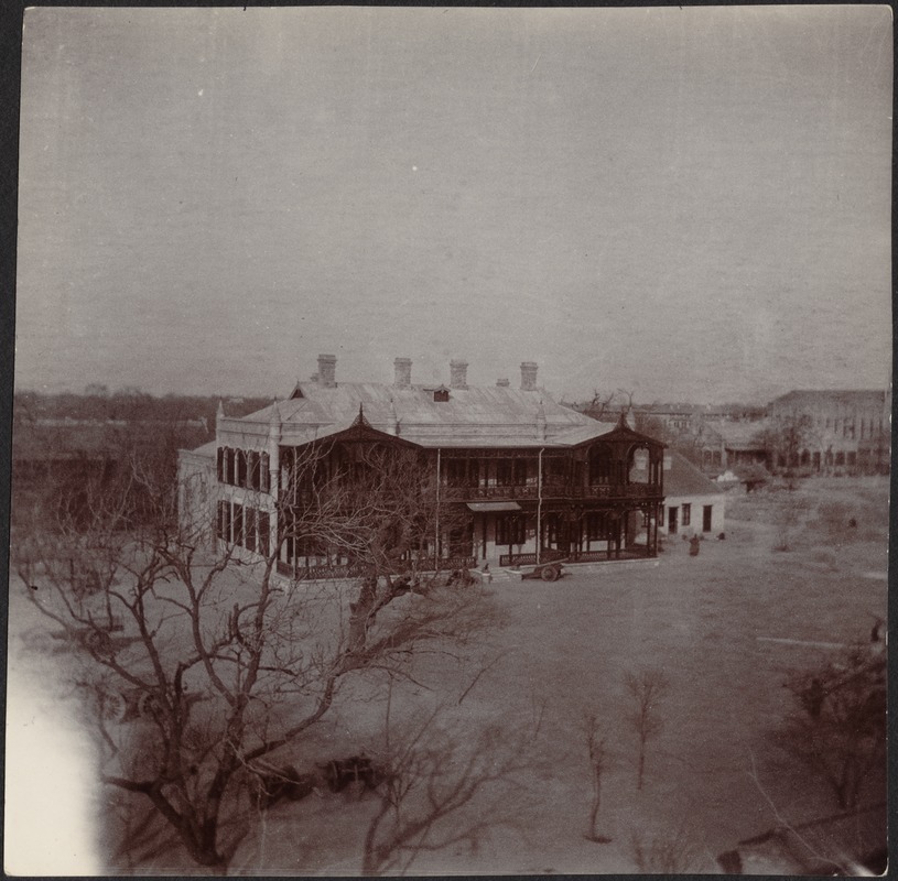 Birds-eye view of military building (wooden structure) with artillery ...