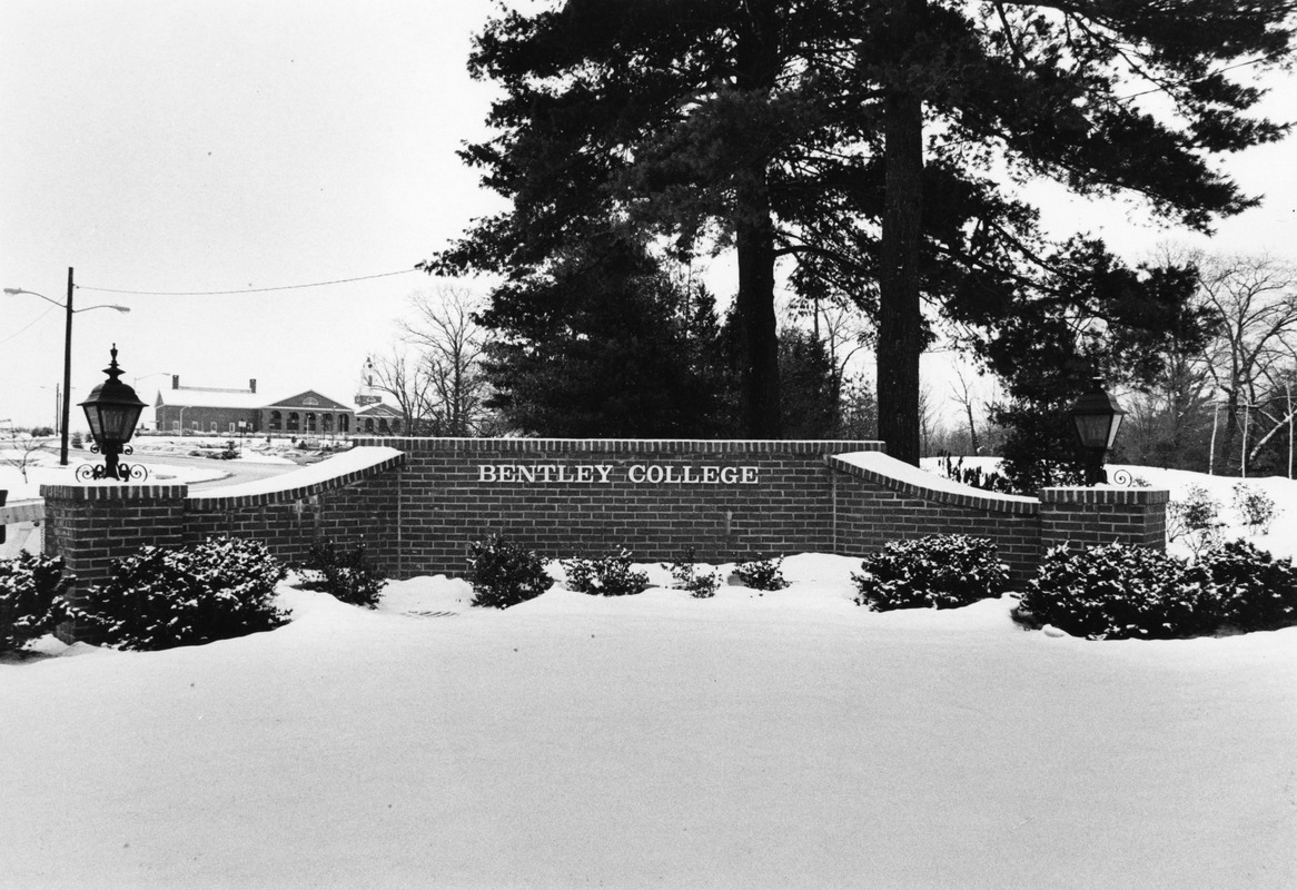 Bentley College sign on campus road - Digital Commonwealth