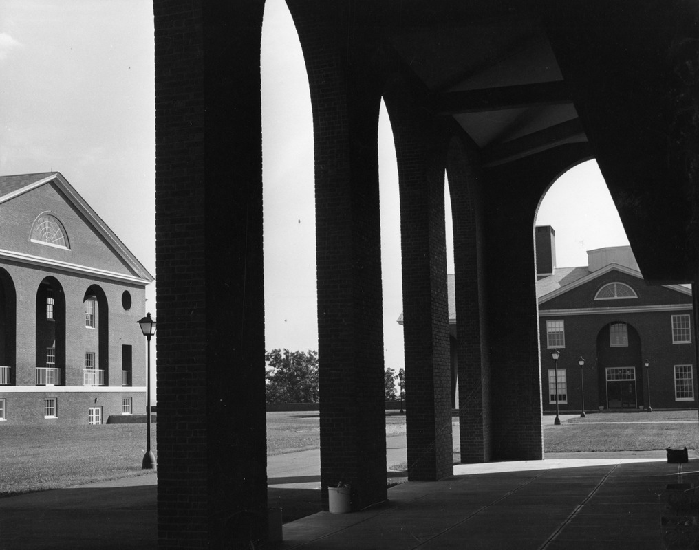 View of campus from Lindsay Hall archway - Digital Commonwealth