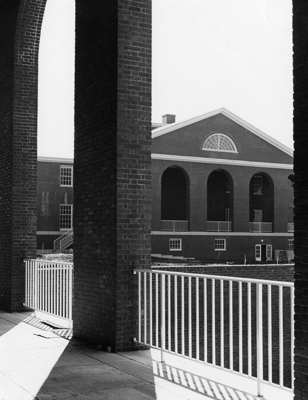 View of Library building from archway - Digital Commonwealth