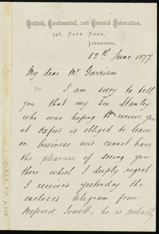 Letter from Josephine Elizabeth Grey Butler, British, Continental, and ...