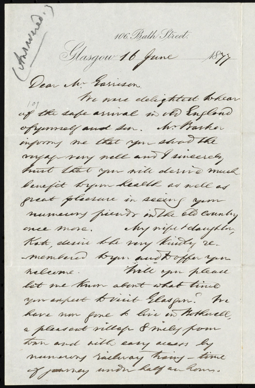 Letter from John Smith, 106 Bath Street, Glasgow, [Scotland], to ...