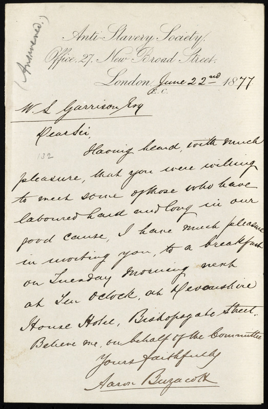 Letter from Aaron Buzacott, Anti-Slavery Society, Office 27, New Broad ...