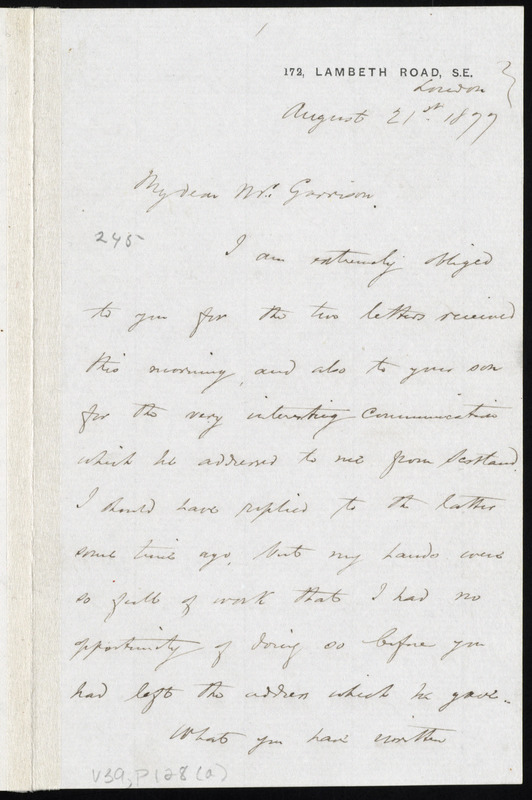 Letter from Frederick William Chesson, 172 Lambeth Road, S.E., London ...