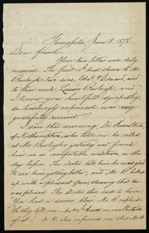 Letter from Seth Hunt, Springfield, [Mass.], to William Lloyd Garrison ...