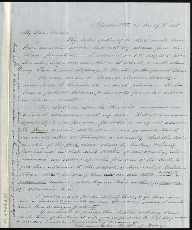 Letter from Nathaniel Barney, Nantucket, [Mass.], to Anne Warren Weston ...