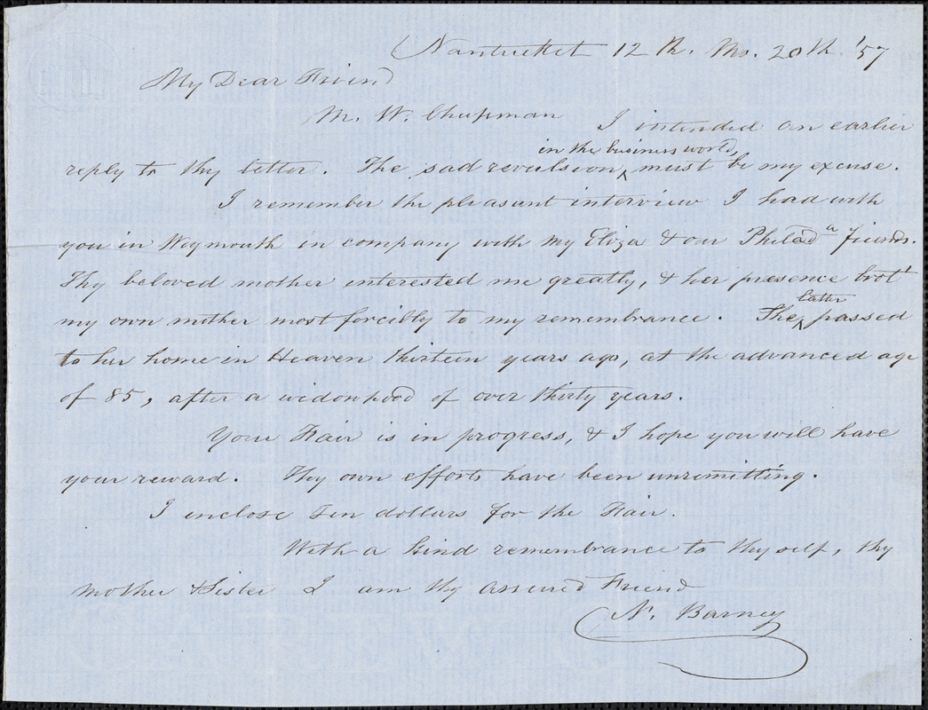 Letter from Nathaniel Barney, Nantucket, [Mass.], to Maria Weston ...