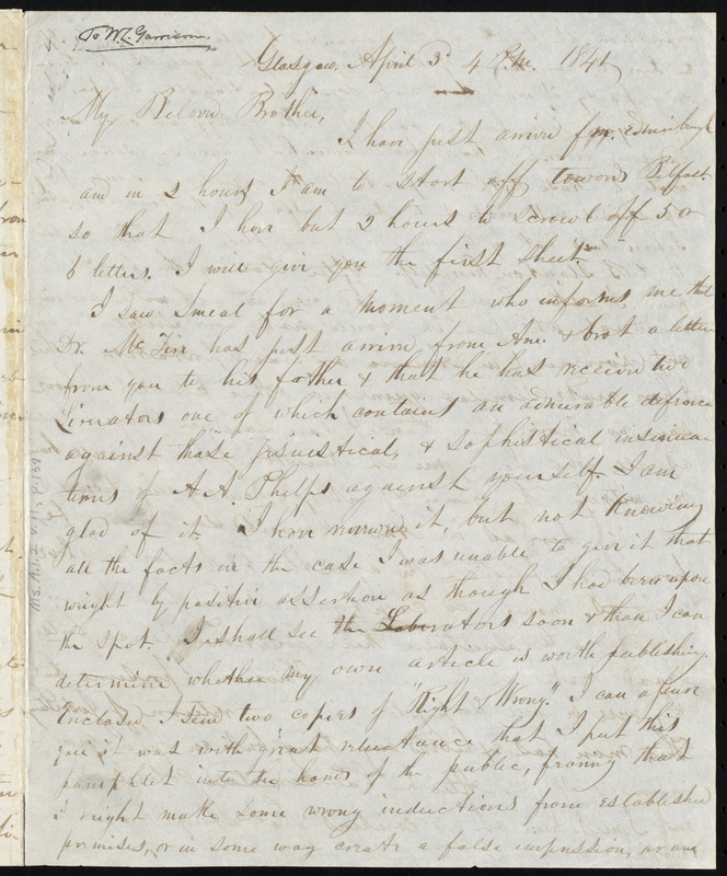Letter from John Anderson Collins, Glasgow, [Scotland], to William ...